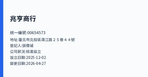 兆亨商行的照片-統編 00654573(臺北市) 公司登記資料與營業項目詳細圖表