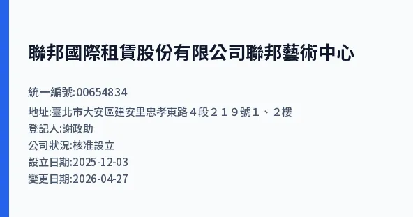 聯邦國際租賃股份有限公司聯邦藝術中心的照片-統編 00654834(臺北市) 公司登記資料與營業項目詳細圖表