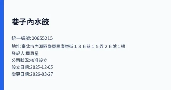 巷子內水餃的照片-統編 00655215(臺北市) 公司登記資料與營業項目詳細圖表