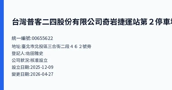 台灣普客二四股份有限公司奇岩捷運站第2停車場的照片-統編 00655622(臺北市) 公司登記資料與營業項目詳細圖表