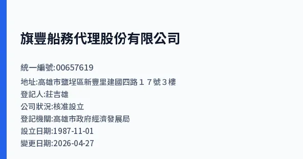 旗豐船務代理股份有限公司的照片-統編 00657619(高雄市) 公司登記資料與營業項目詳細圖表