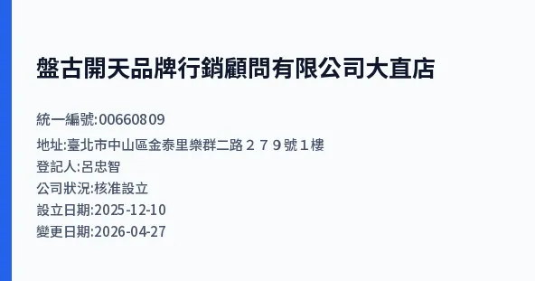 盤古開天品牌行銷顧問有限公司大直店的照片-統編 00660809(臺北市) 公司登記資料與營業項目詳細圖表
