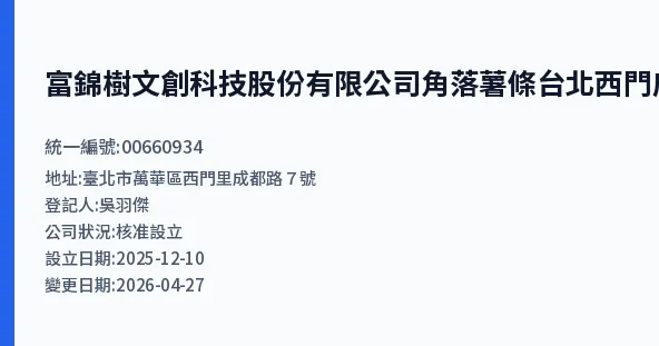 富錦樹文創科技股份有限公司角落薯條台北西門店的照片-統編 00660934(臺北市) 公司登記資料與營業項目詳細圖表