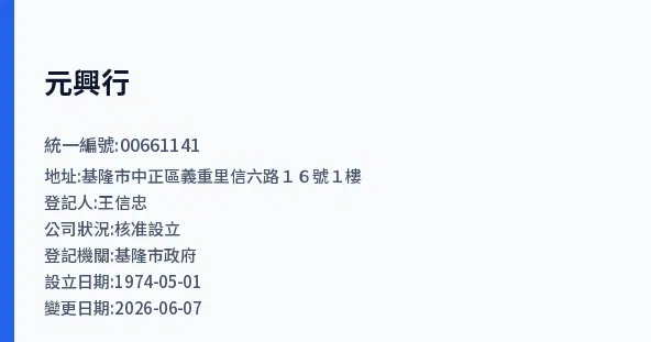 元興行的照片-統編 00661141(基隆市) 公司登記資料與營業項目詳細圖表