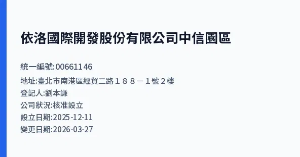 依洛國際開發股份有限公司中信園區的照片-統編 00661146(臺北市) 公司登記資料與營業項目詳細圖表