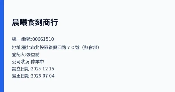 晨曦食刻商行的照片-統編 00661510(臺北市) 公司登記資料與營業項目詳細圖表
