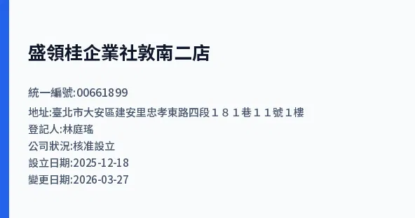 盛領桂企業社敦南二店的照片-統編 00661899(臺北市) 公司登記資料與營業項目詳細圖表