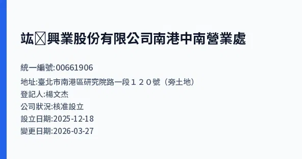 竑穂興業股份有限公司南港中南營業處的照片-統編 00661906(臺北市) 公司登記資料與營業項目詳細圖表