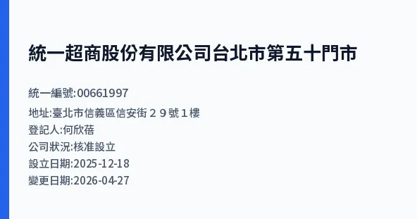 統一超商股份有限公司台北市第五十門市的照片-統編 00661997(臺北市) 公司登記資料與營業項目詳細圖表