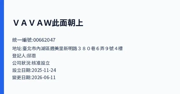 VAVAW此面朝上的照片-統編 00662047(臺北市) 公司登記資料與營業項目詳細圖表
