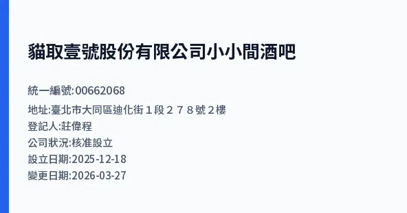 貓取壹號股份有限公司小小間酒吧的照片-統編 00662068(臺北市) 公司登記資料與營業項目詳細圖表