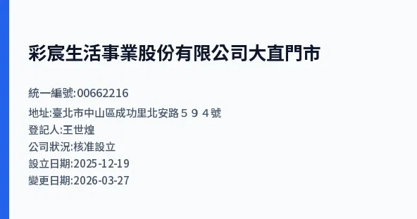 彩宸生活事業股份有限公司大直門市的照片-統編 00662216(臺北市) 公司登記資料與營業項目詳細圖表