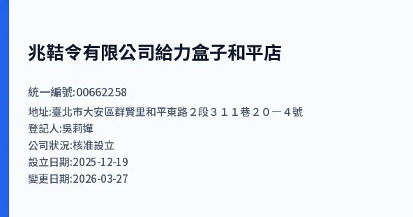 兆鞊令有限公司給力盒子和平店的照片-統編 00662258(臺北市) 公司登記資料與營業項目詳細圖表