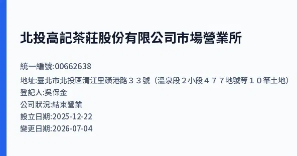 北投高記茶莊股份有限公司市場營業所的照片-統編 00662638(臺北市) 公司登記資料與營業項目詳細圖表