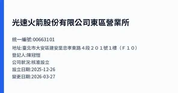 光速火箭股份有限公司東區營業所的照片-統編 00663101(臺北市) 公司登記資料與營業項目詳細圖表
