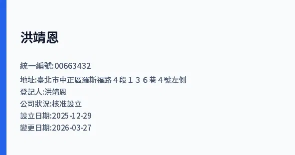 洪靖恩的照片-統編 00663432(臺北市) 公司登記資料與營業項目詳細圖表