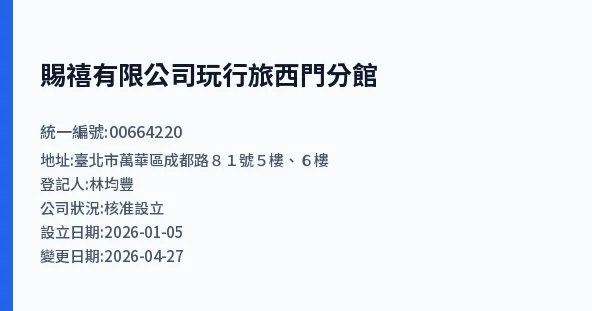 賜禧有限公司玩行旅西門分館的照片-統編 00664220(臺北市) 公司登記資料與營業項目詳細圖表