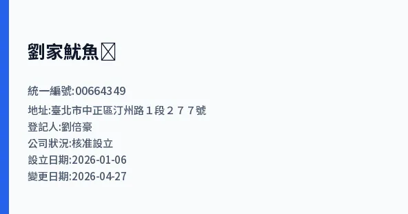 劉家魷魚焿的照片-統編 00664349(臺北市) 公司登記資料與營業項目詳細圖表