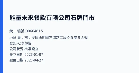 能量未來餐飲有限公司石牌門市的照片-統編 00664615(臺北市) 公司登記資料與營業項目詳細圖表