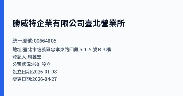 勝威特企業有限公司臺北營業所的照片-統編 00664805(臺北市) 公司登記資料與營業項目詳細圖表