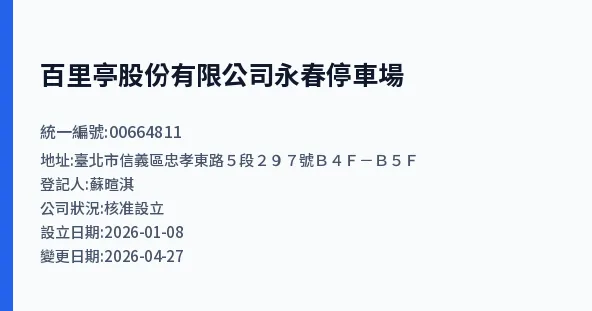 百里亭股份有限公司永春停車場的照片-統編 00664811(臺北市) 公司登記資料與營業項目詳細圖表