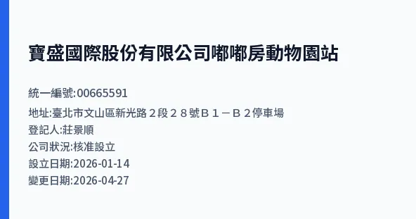 寶盛國際股份有限公司嘟嘟房動物園站的照片-統編 00665591(臺北市) 公司登記資料與營業項目詳細圖表