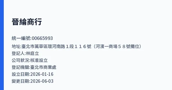 晉綸商行的照片-統編 00665993(臺北市) 公司登記資料與營業項目詳細圖表