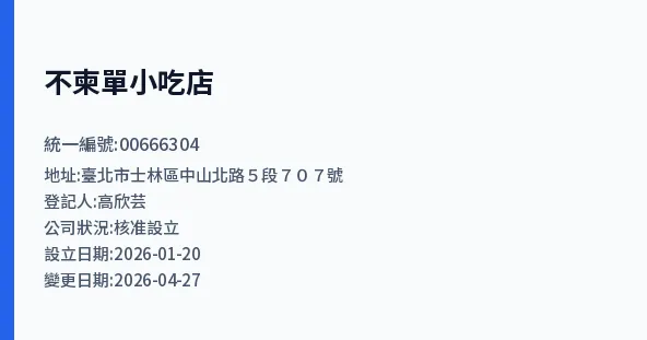 不柬單小吃店的照片-統編 00666304(臺北市) 公司登記資料與營業項目詳細圖表