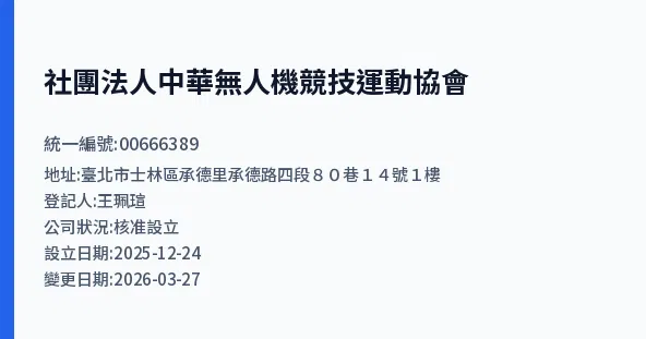 社團法人中華無人機競技運動協會的照片-統編 00666389(臺北市) 公司登記資料與營業項目詳細圖表