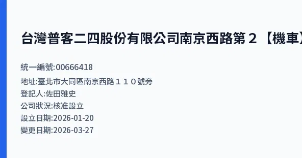 台灣普客二四股份有限公司南京西路第2【機車】停車場的照片-統編 00666418(臺北市) 公司登記資料與營業項目詳細圖表