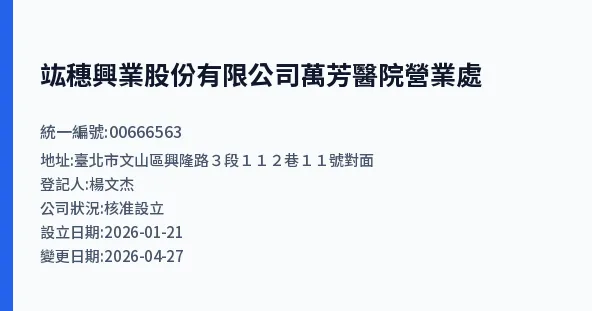 竑穗興業股份有限公司萬芳醫院營業處的照片-統編 00666563(臺北市) 公司登記資料與營業項目詳細圖表