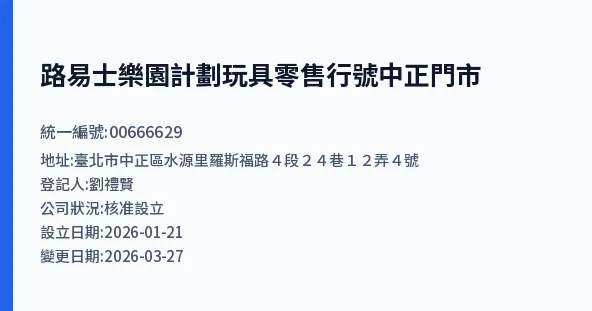 路易士樂園計劃玩具零售行號中正門市的照片-統編 00666629(臺北市) 公司登記資料與營業項目詳細圖表