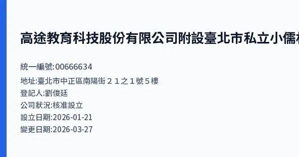 高途教育科技股份有限公司附設臺北市私立小儒林文理短期補習班的照片-統編 00666634(臺北市) 公司登記資料與營業項目詳細圖表