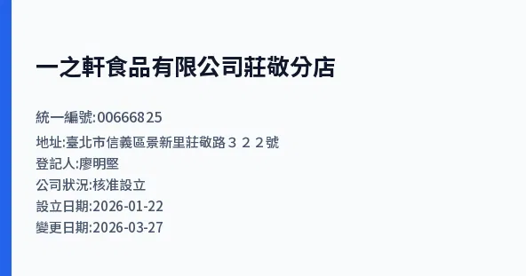 一之軒食品有限公司莊敬分店的照片-統編 00666825(臺北市) 公司登記資料與營業項目詳細圖表