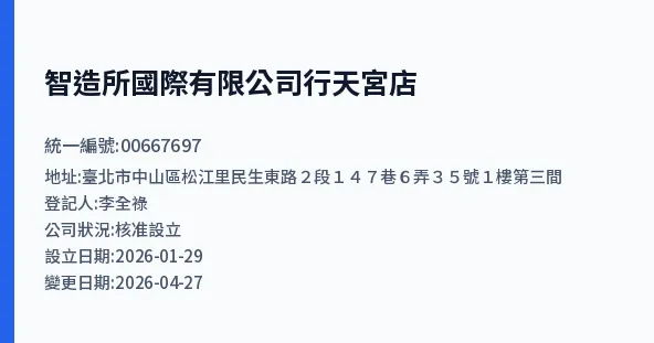 智造所國際有限公司行天宮店的照片-統編 00667697(臺北市) 公司登記資料與營業項目詳細圖表