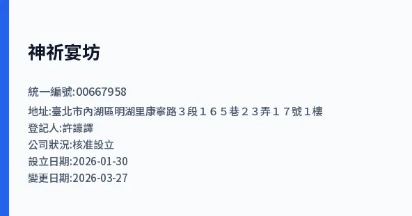神祈宴坊的照片-統編 00667958(臺北市) 公司登記資料與營業項目詳細圖表