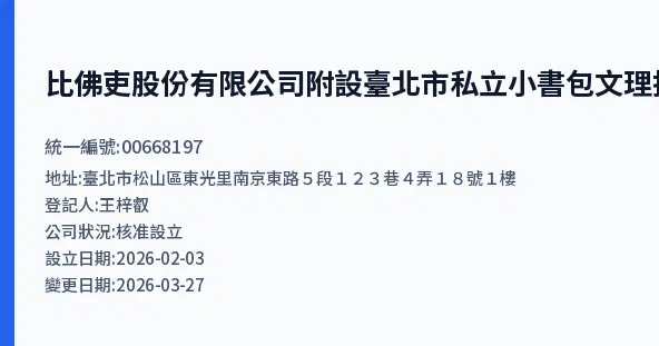 比佛吏股份有限公司附設臺北市私立小書包文理技藝短期補習班西松分班的照片-統編 00668197(臺北市) 公司登記資料與營業項目詳細圖表