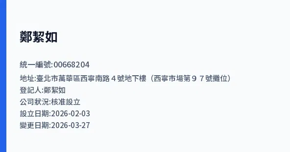 鄭絜如的照片-統編 00668204(臺北市) 公司登記資料與營業項目詳細圖表