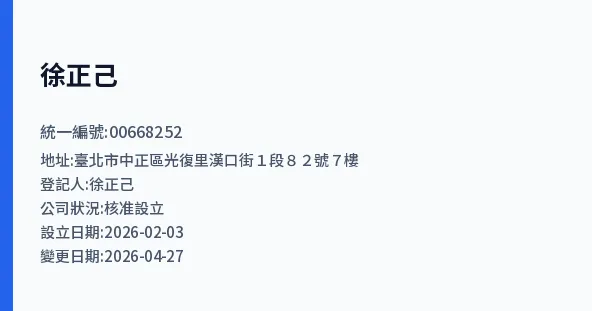 徐正己的照片-統編 00668252(臺北市) 公司登記資料與營業項目詳細圖表