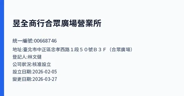 昱全商行合眾廣場營業所的照片-統編 00668746(臺北市) 公司登記資料與營業項目詳細圖表
