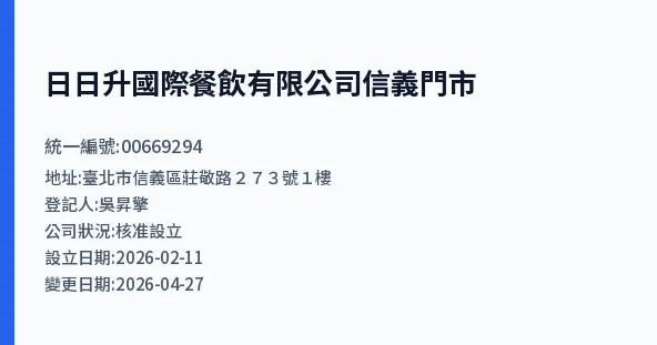 日日升國際餐飲有限公司 信義門市的照片-統編 00669294(臺北市) 公司登記資料與營業項目詳細圖表
