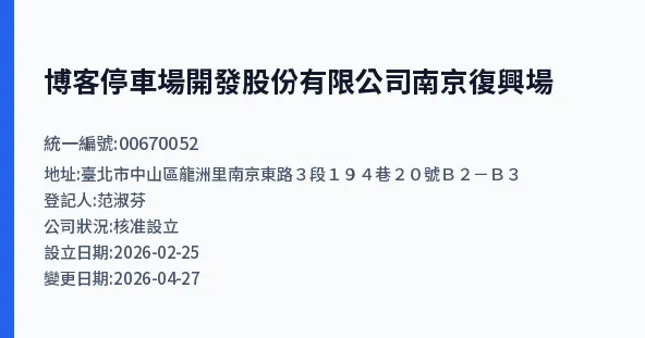 博客停車場開發股份有限公司南京復興場的照片-統編 00670052(臺北市) 公司登記資料與營業項目詳細圖表