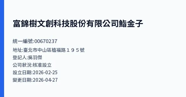 富錦樹文創科技股份有限公司鮨金子的照片-統編 00670237(臺北市) 公司登記資料與營業項目詳細圖表
