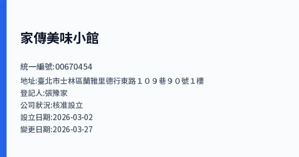 家傳美味小館的照片-統編 00670454(臺北市) 公司登記資料與營業項目詳細圖表