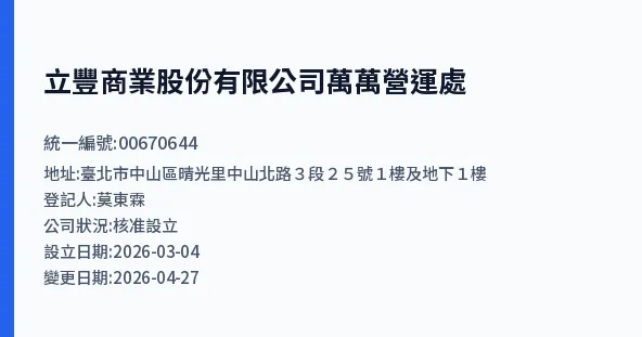 立豐商業股份有限公司萬萬營運處的照片-統編 00670644(臺北市) 公司登記資料與營業項目詳細圖表