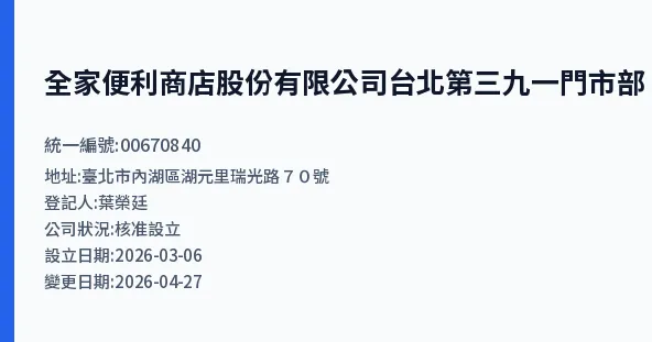 全家便利商店股份有限公司 台北第三九一門市部的照片-統編 00670840(臺北市) 公司登記資料與營業項目詳細圖表