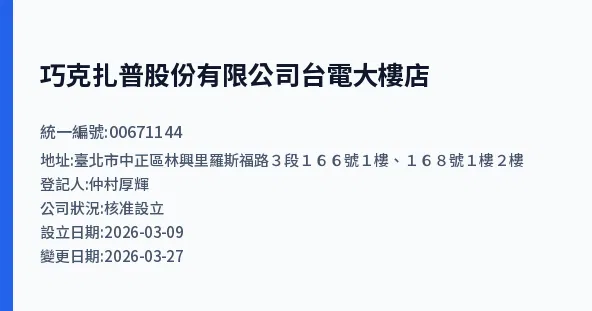 巧克扎普股份有限公司台電大樓店的照片-統編 00671144(臺北市) 公司登記資料與營業項目詳細圖表