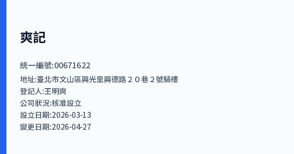 爽記的照片-統編 00671622(臺北市) 公司登記資料與營業項目詳細圖表