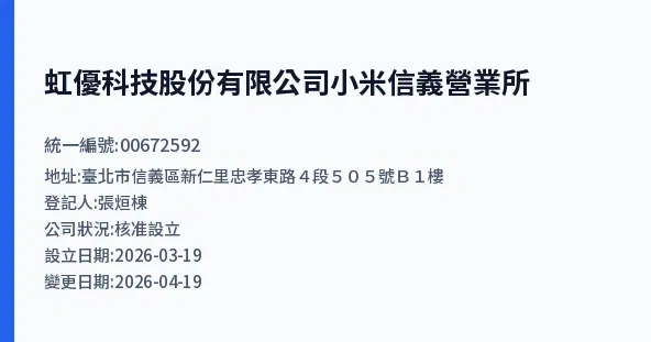 虹優科技股份有限公司小米信義營業所的照片-統編 00672592(臺北市) 公司登記資料與營業項目詳細圖表
