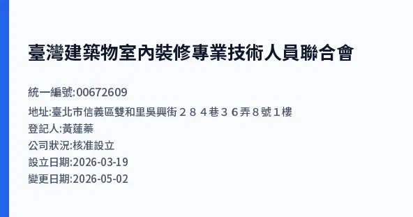 臺灣建築物室內裝修專業技術人員聯合會的照片-統編 00672609(臺北市) 公司登記資料與營業項目詳細圖表